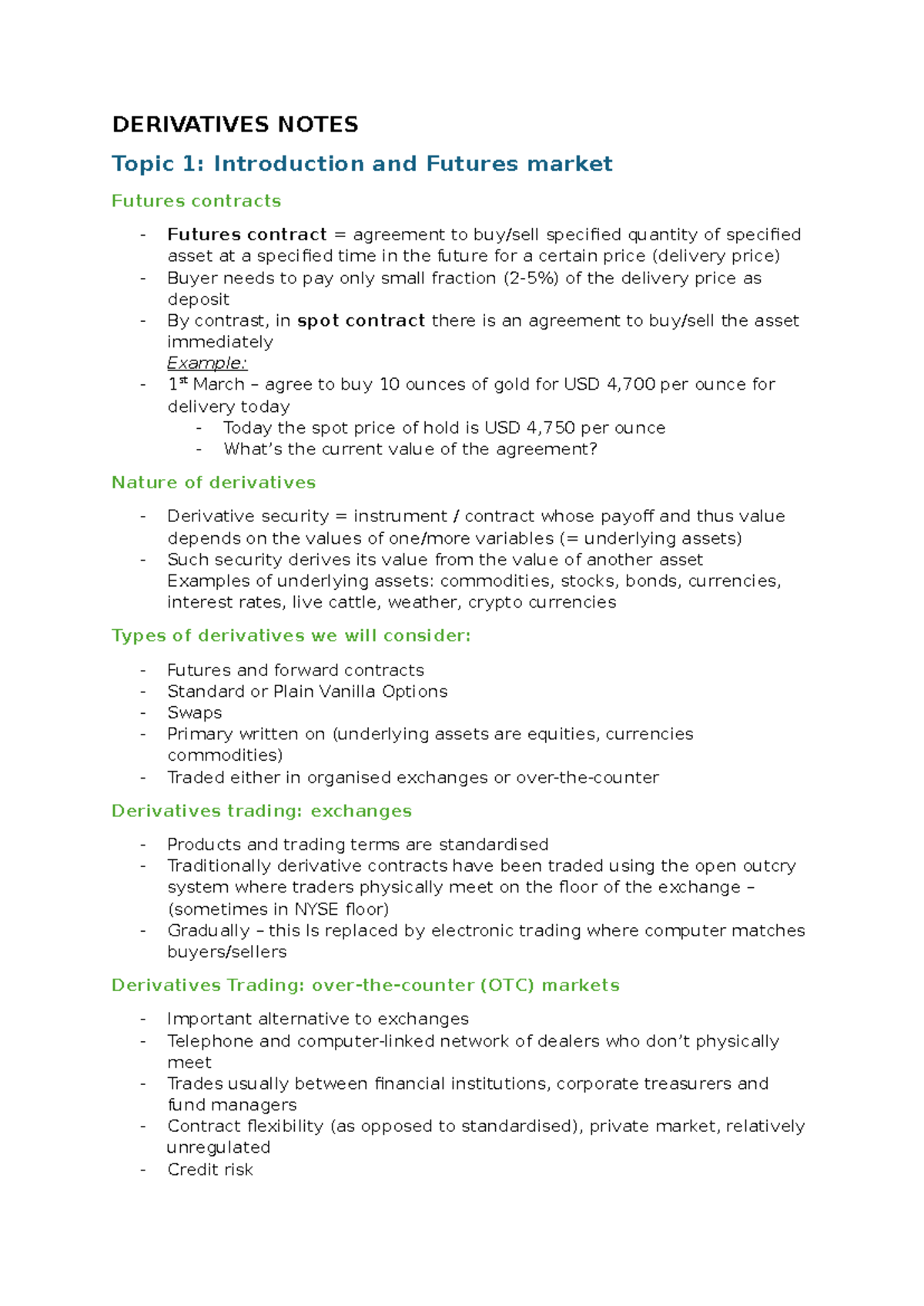 Derivatives Notes: Introduction to Futures Market and Hedging ...