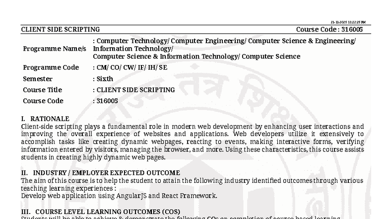 316005- Client SIDE Scripting - CLIENT SIDE SCRIPTING Course Code : 316005 Semester - 6, K ...