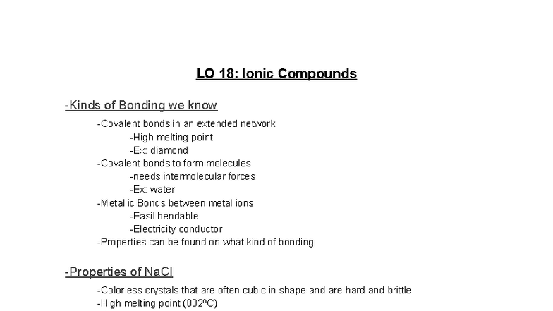 Inorganic Chemistry Notes: Ionic Compounds & Properties (LO 18) - Studocu