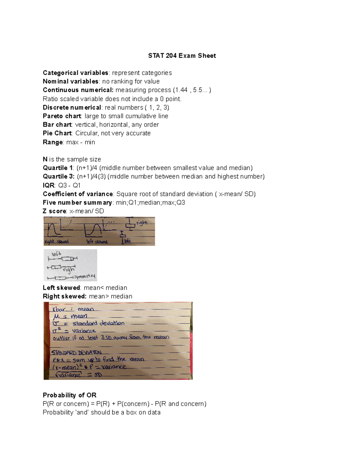 STAT 204 Study Guide - Exam 1 Overview and Key Formulas - Studocu