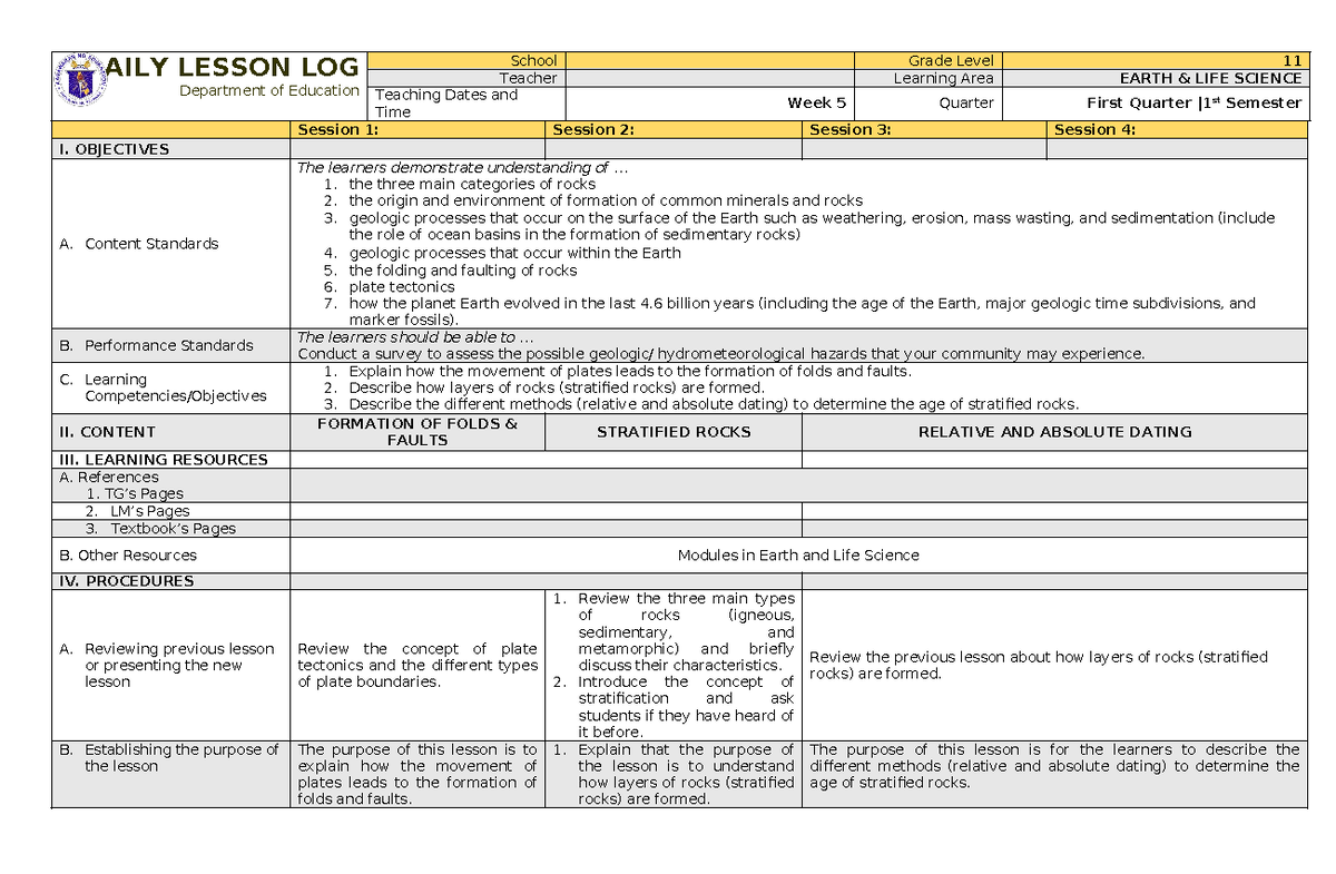 DLL ELS Q1 W5 - Lesson Log on Geologic Processes & Stratified Rocks ...