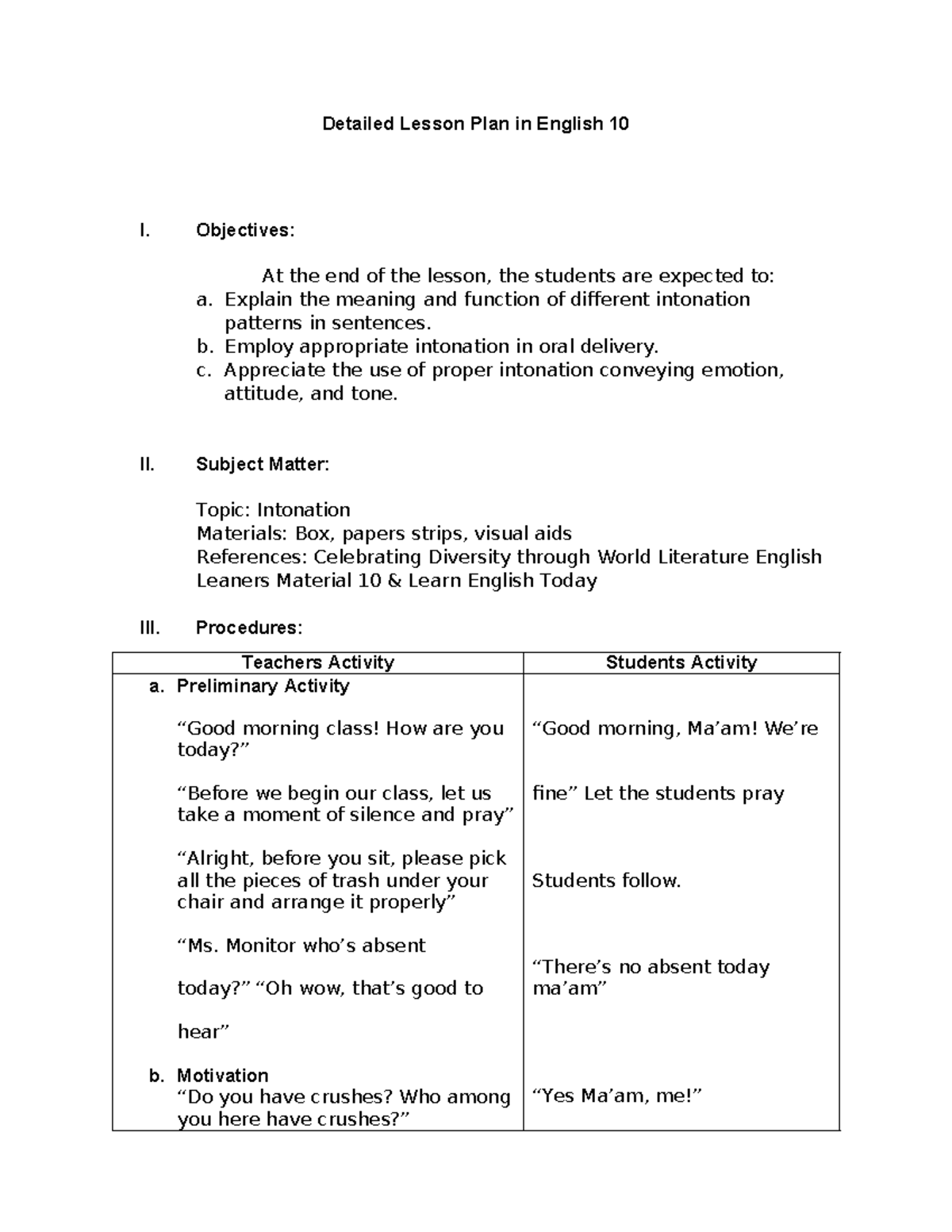 Detailed Lesson Plan in English 10 (intonation) - Detailed Lesson Plan ...