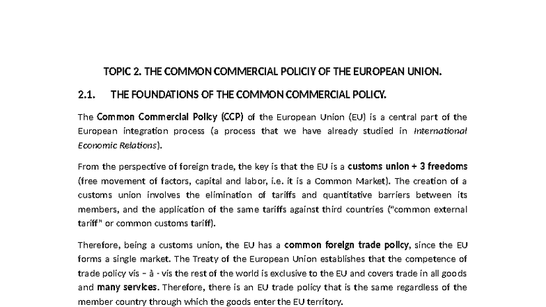Lesson 2 - Tema 2: The Common Commercial Policy of the EU - Studocu