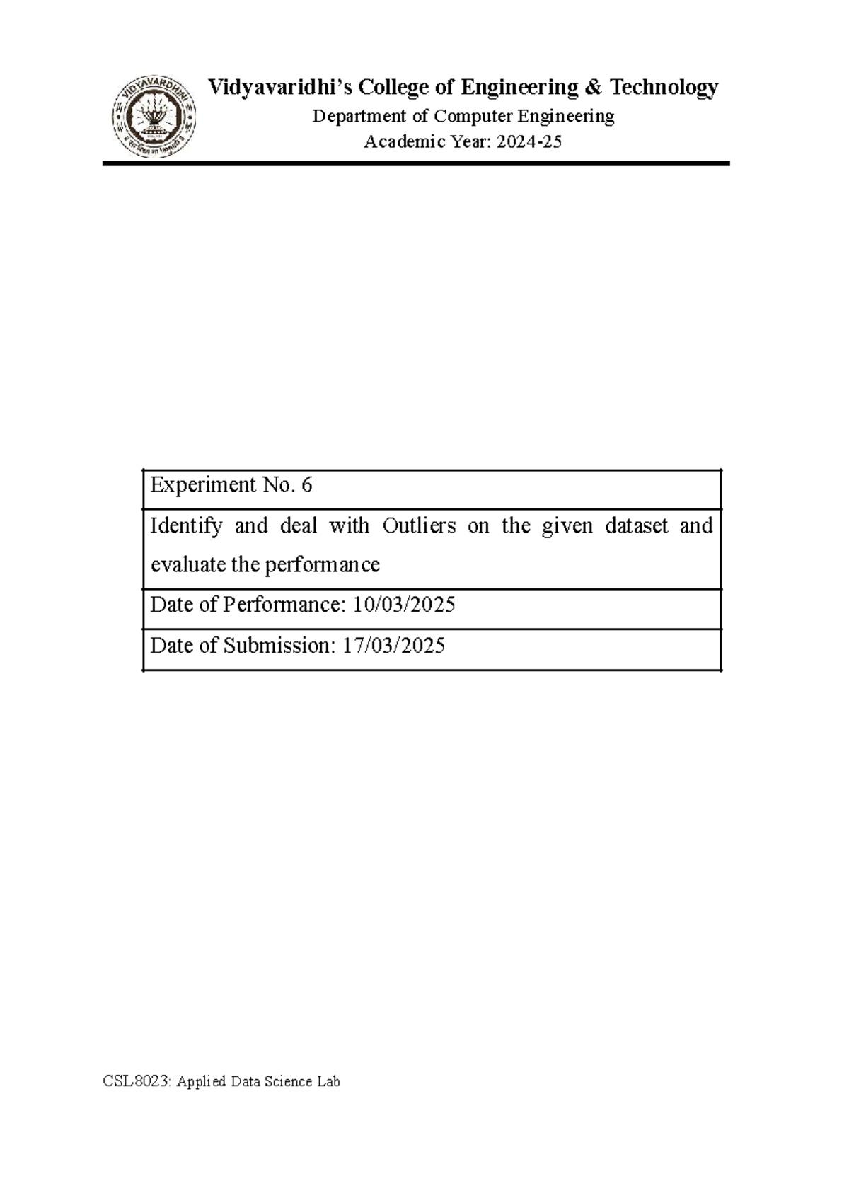 CSL8023: Applied Data Science Lab - Experiment 6 on Outlier Analysis ...