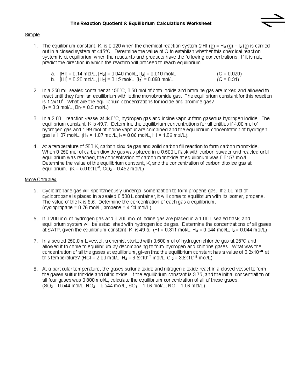 12u equilibrium lesson 4 reaction quotient worksheet - acct360 - Studocu