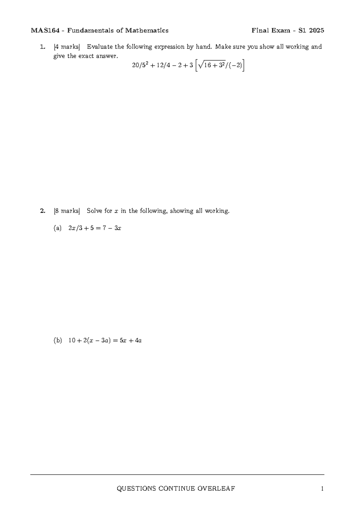 MAS164 Fundamentals of Mathematics Final Exam S1 2025 - Comprehensive ...