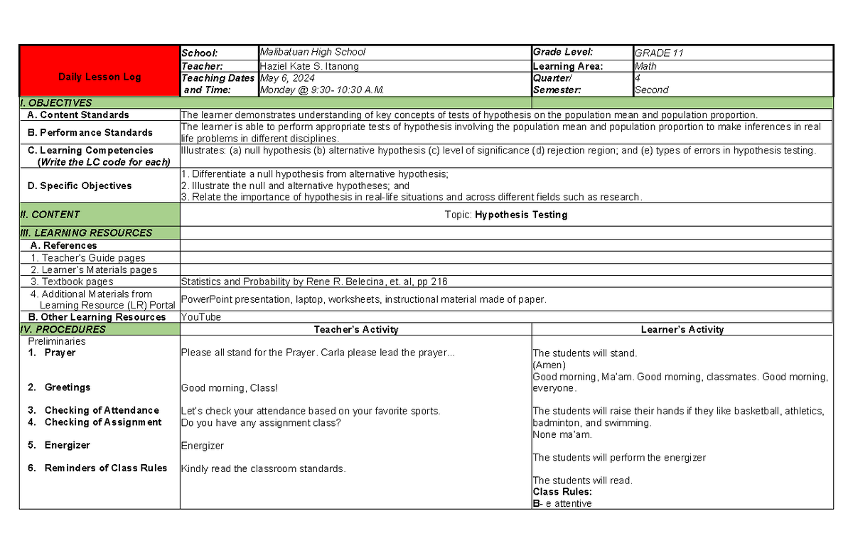 Final DEMO DLL - Grade 11 detailed LP - Daily Lesson Log School ...