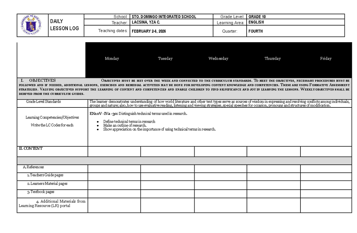 Daily Lesson Log: English 10 (Q4, W2) - STO. DOMINGO INTEGRATED SCHOOL ...