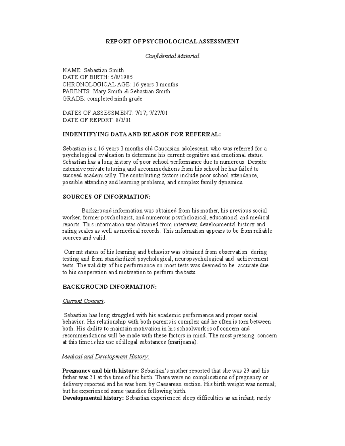 Psychological Assessment Report for Sebastian Smith (Psy 101) - Studocu