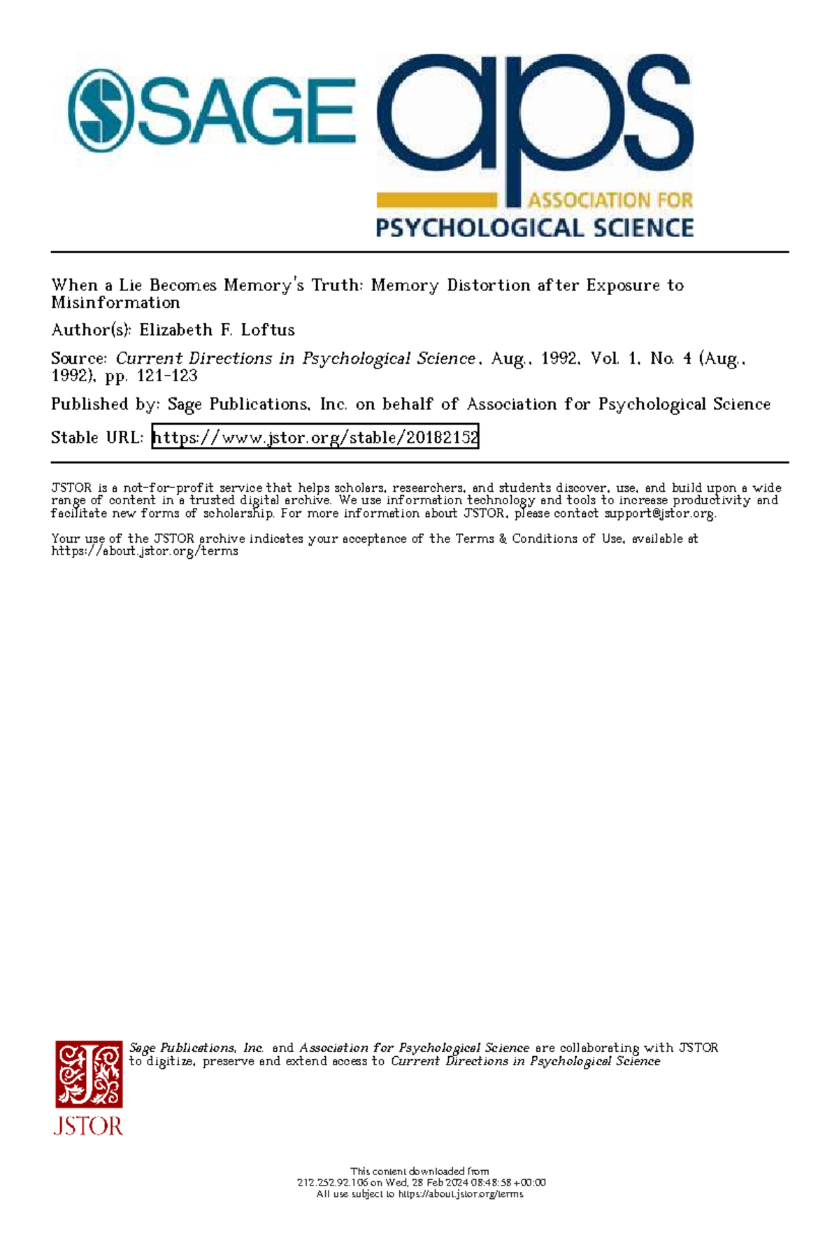 Memory Distortion: The Misinformation Effect by Loftus (1992) - Studocu