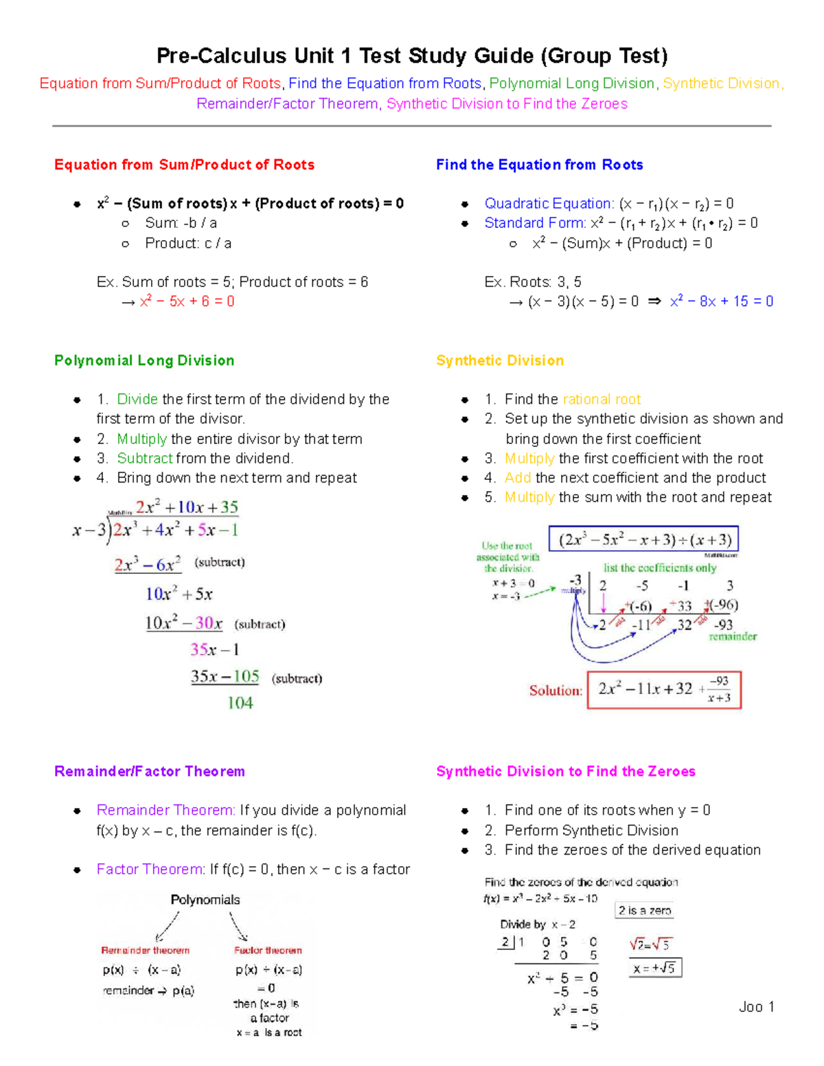 Pre-Calculus POLYNOMIALS Unit 1 Test Study Guide - Studocu