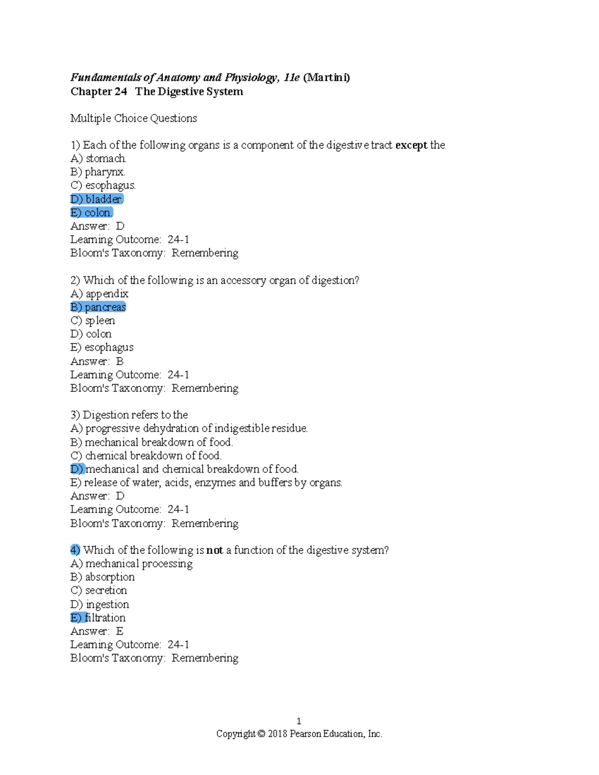 Chapter 24 Digestive System MCQs Review for Anatomy & Physiology - Studocu