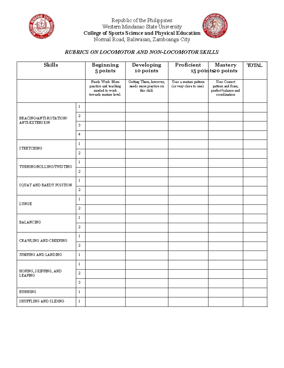 Rubrics for Locomotor and Non-Locomotor Skills Evaluation - Studocu