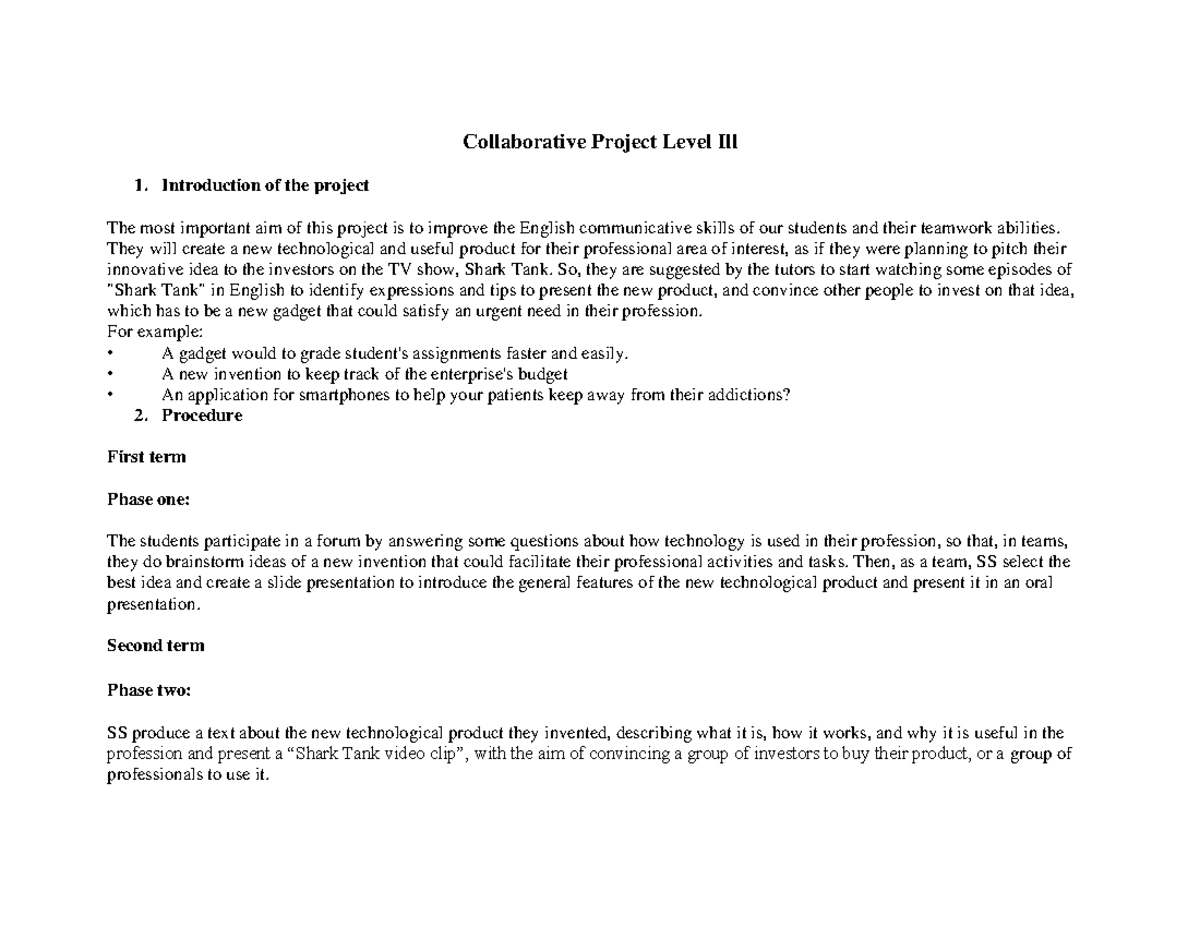 Collaborative Project Level lll - Collaborative Project Level Ill ...