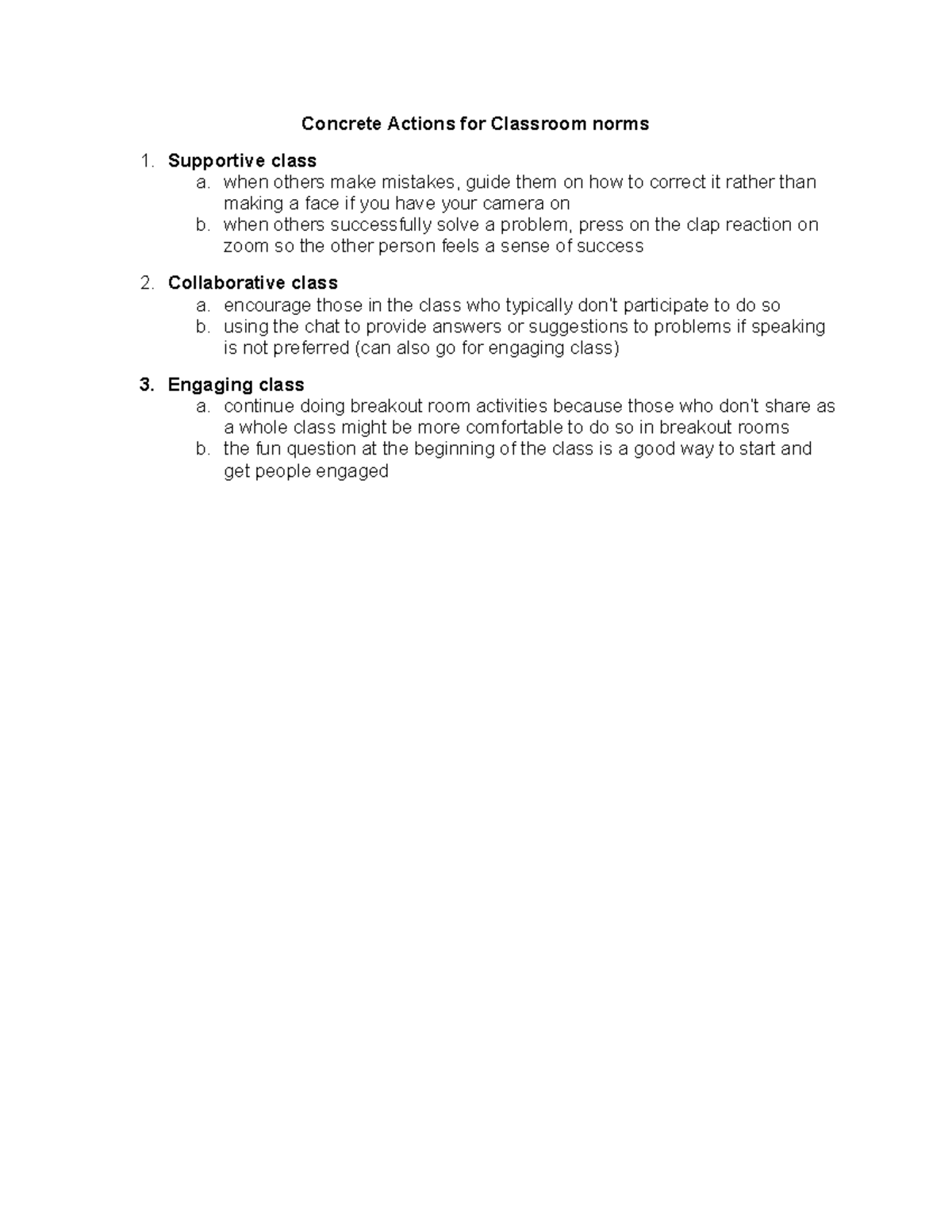 Concrete Actions for Classroom norms - Concrete Actions for Classroom ...