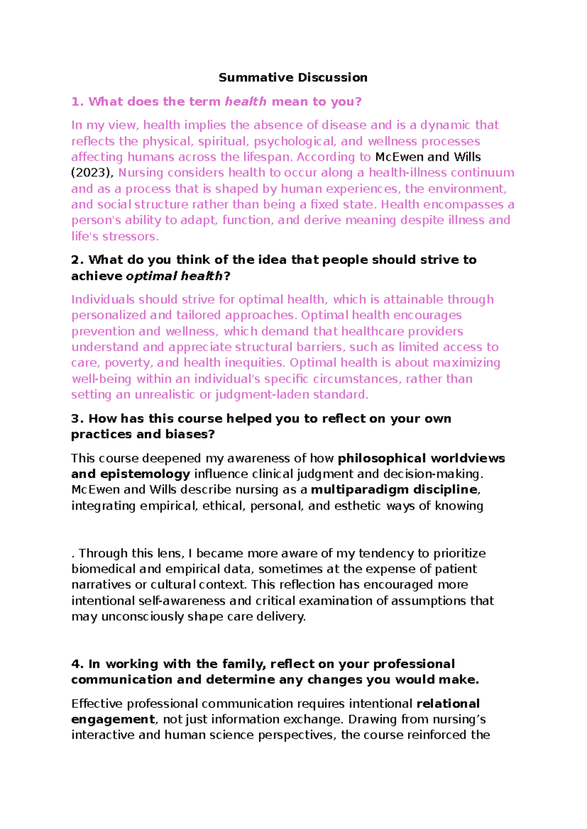 Summative Discussion - BRUEF: Understanding Health and Optimal ...