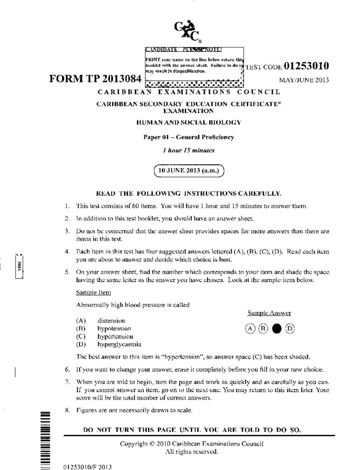 CSEC HSB P1 2013 MJ - Human and Social Biology Past Paper Exam - Studocu