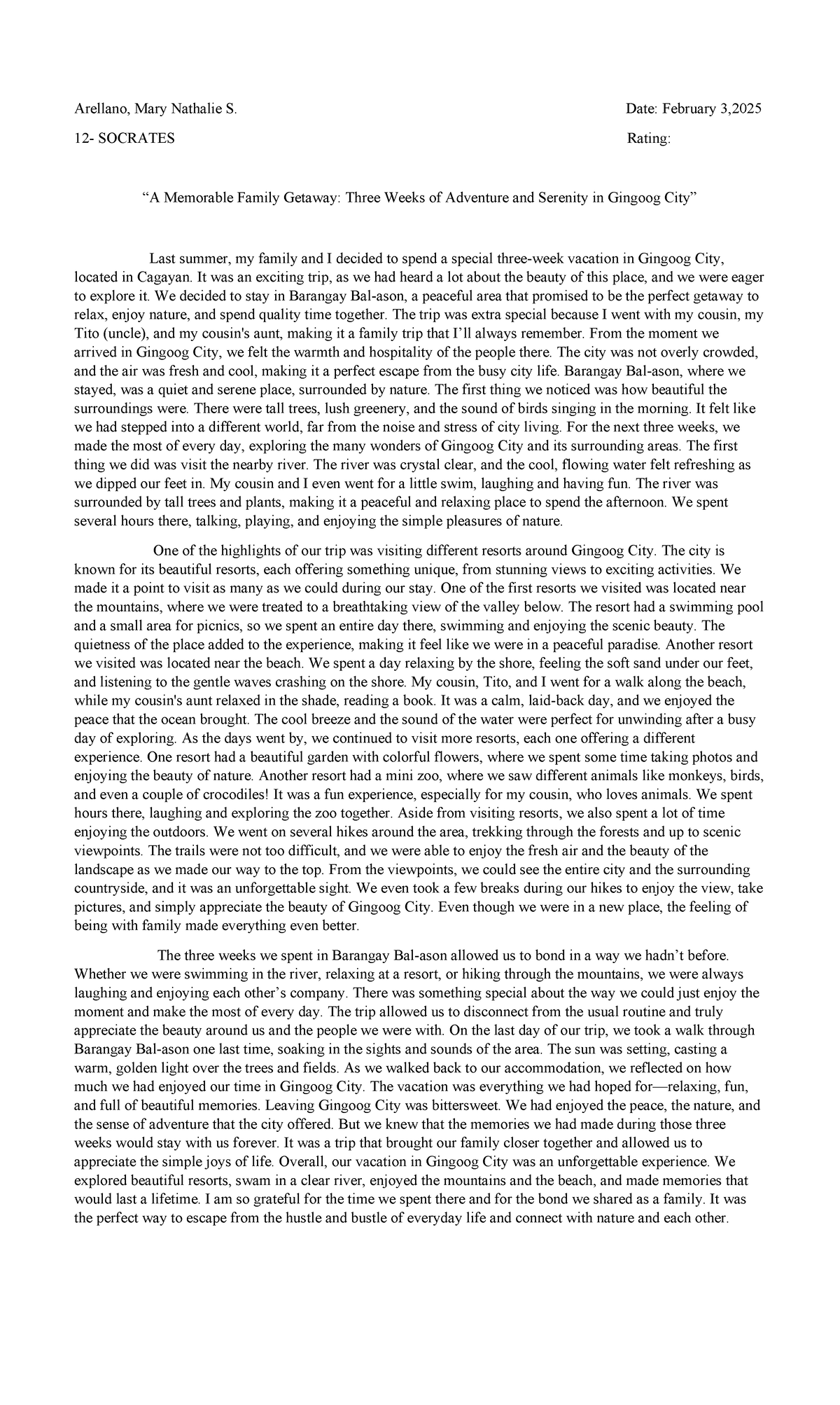 Essay on Family Vacation in Gingoog City - Memories & Adventures - Studocu