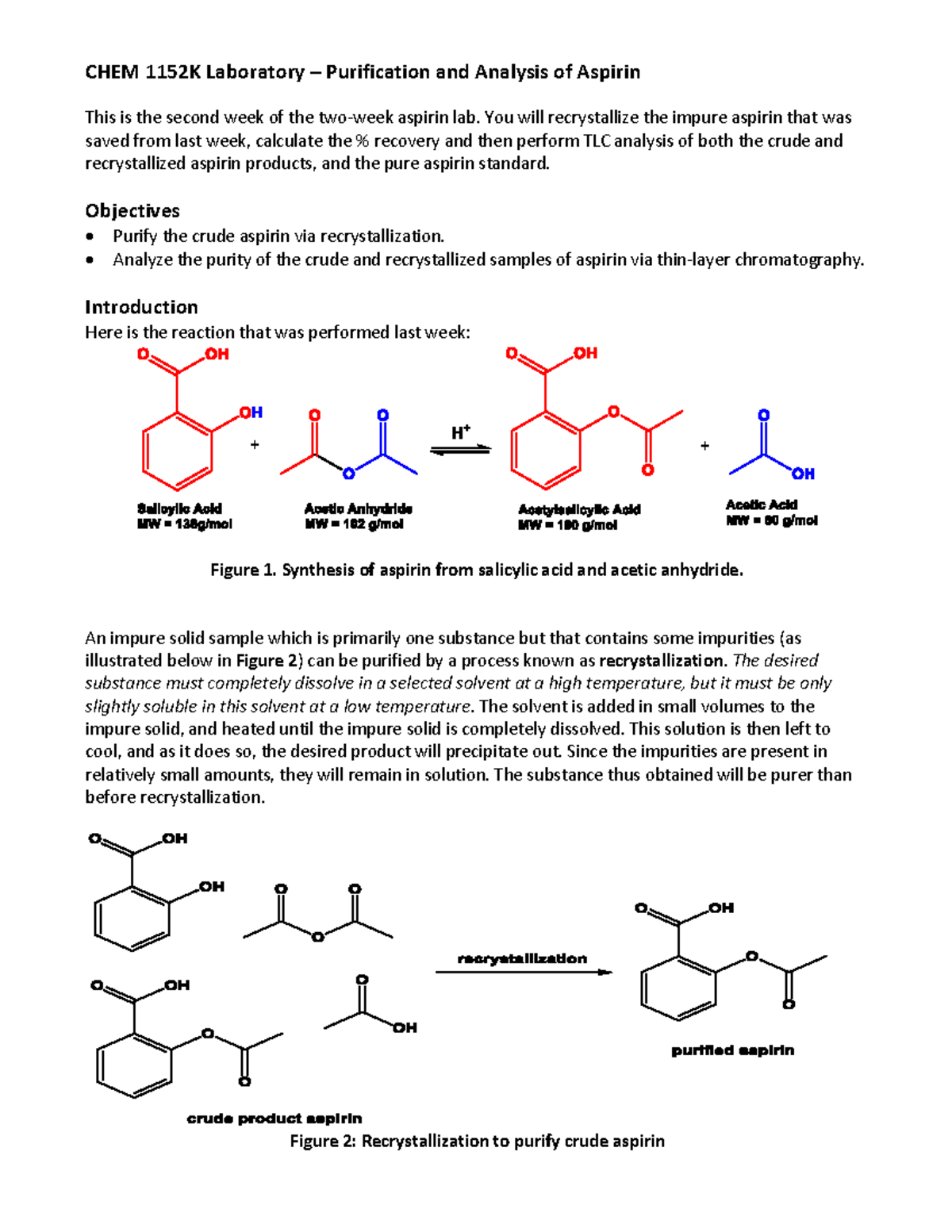 CHEM 1152K Lab 4B: Purification & TLC Analysis of Aspirin - Studocu