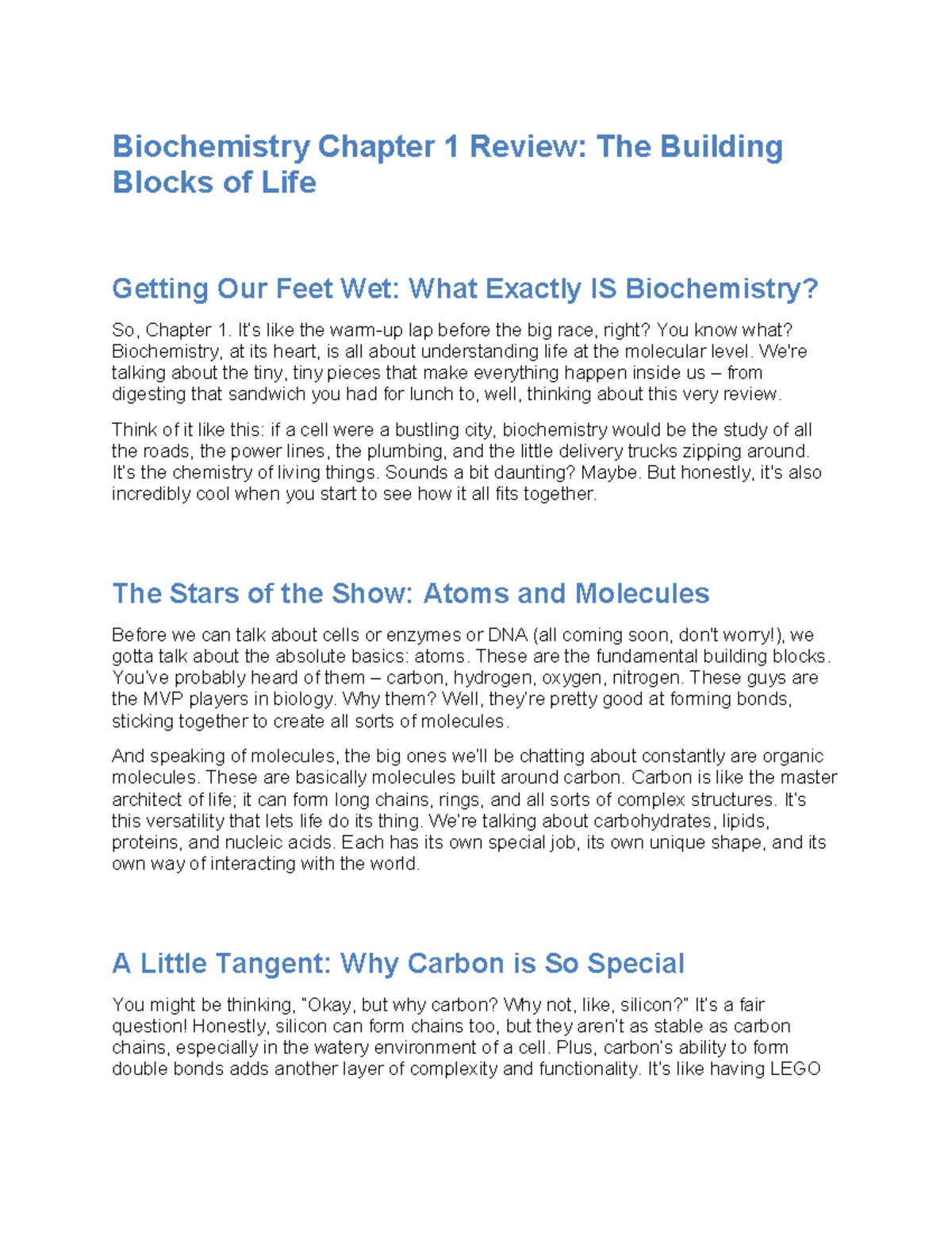 Biochemistry 101: Chapter 1 Review - Building Blocks of Life - Studocu