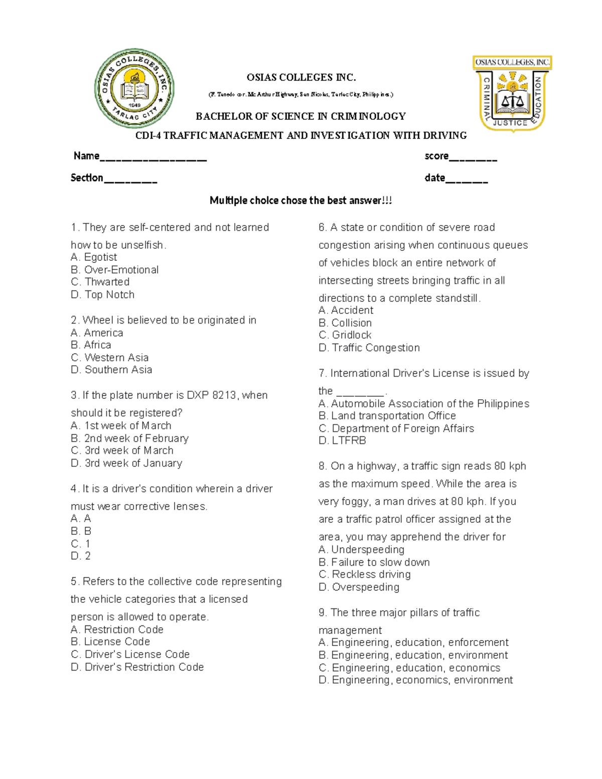 CDI-4 Final Exam: Traffic Management & Investigation MCQs - Studocu