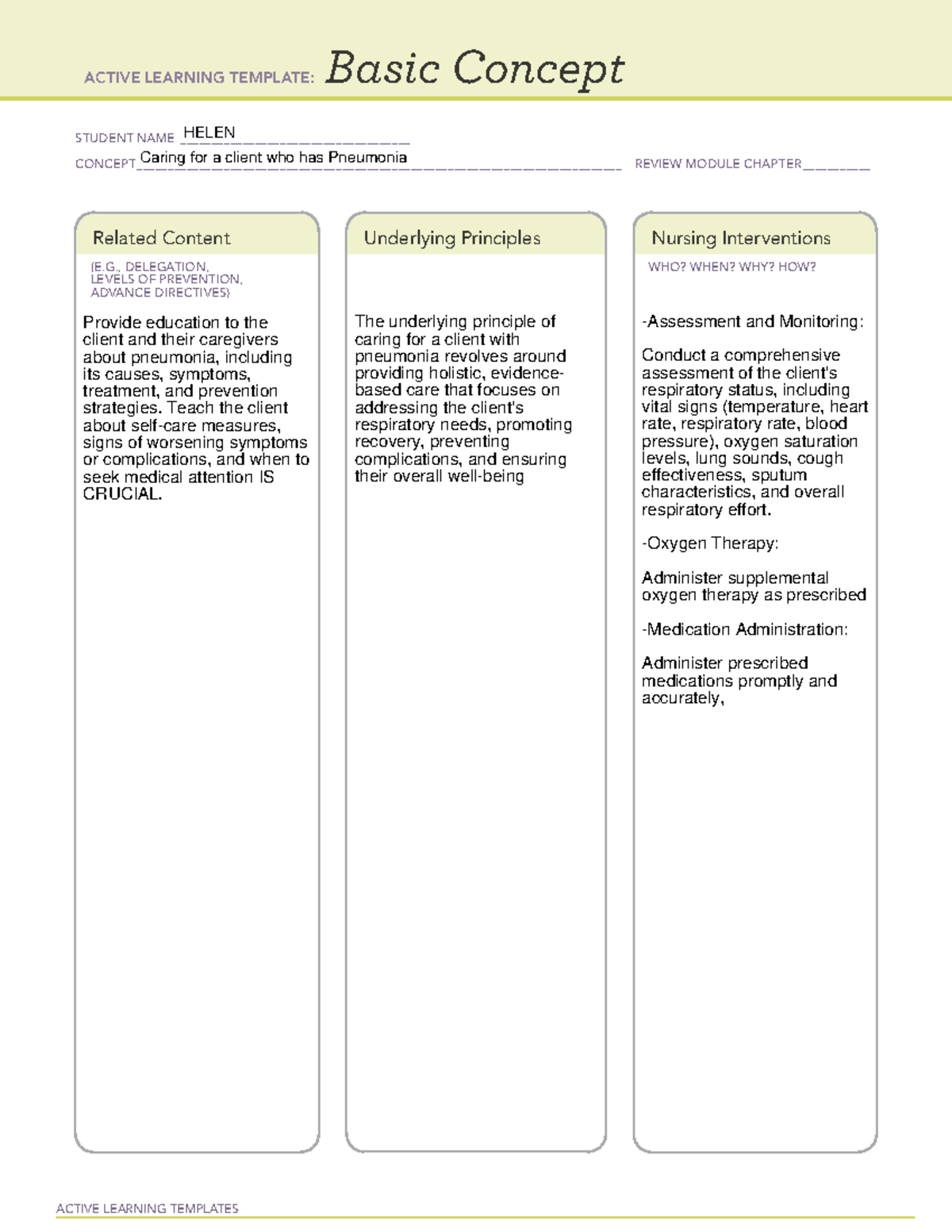 NUR 101 Basic Concept Active Learning Template for Pneumonia Care - Studocu