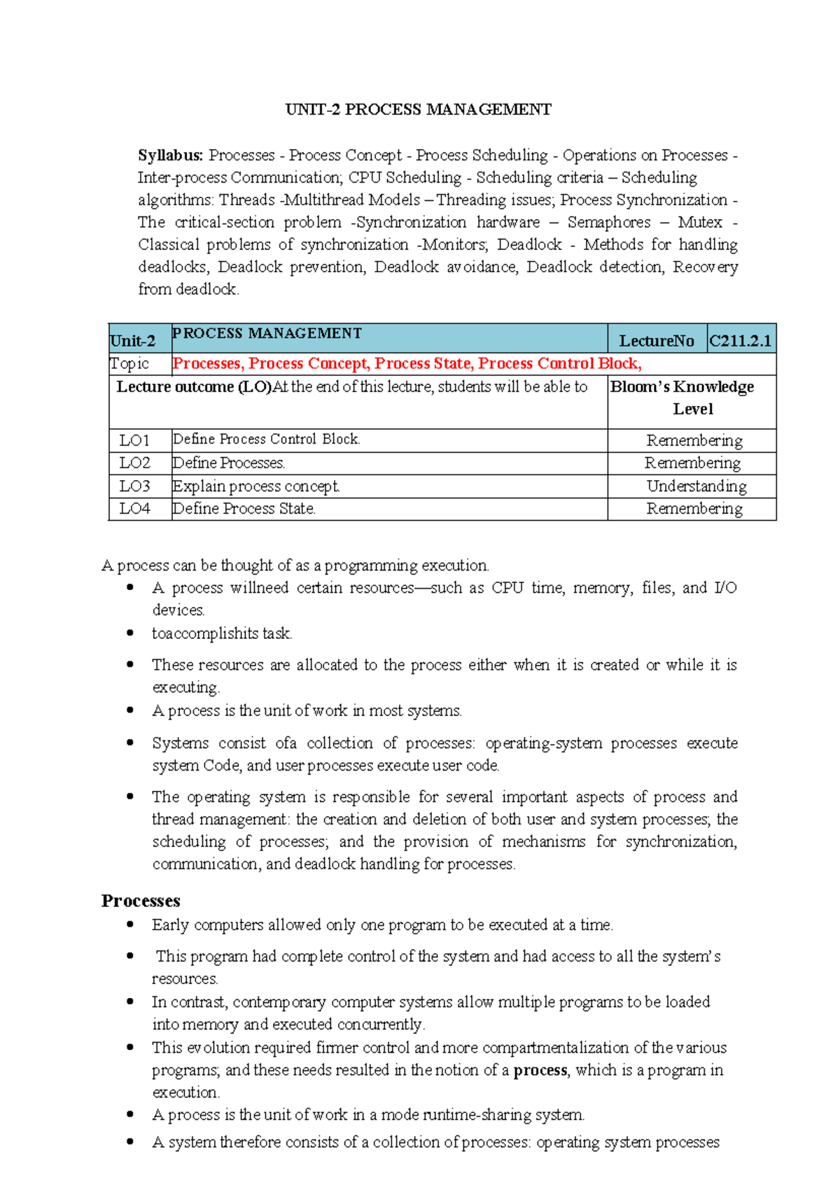 AL3452 OS UNIT-2 Process Management Lecture Notes - Studocu