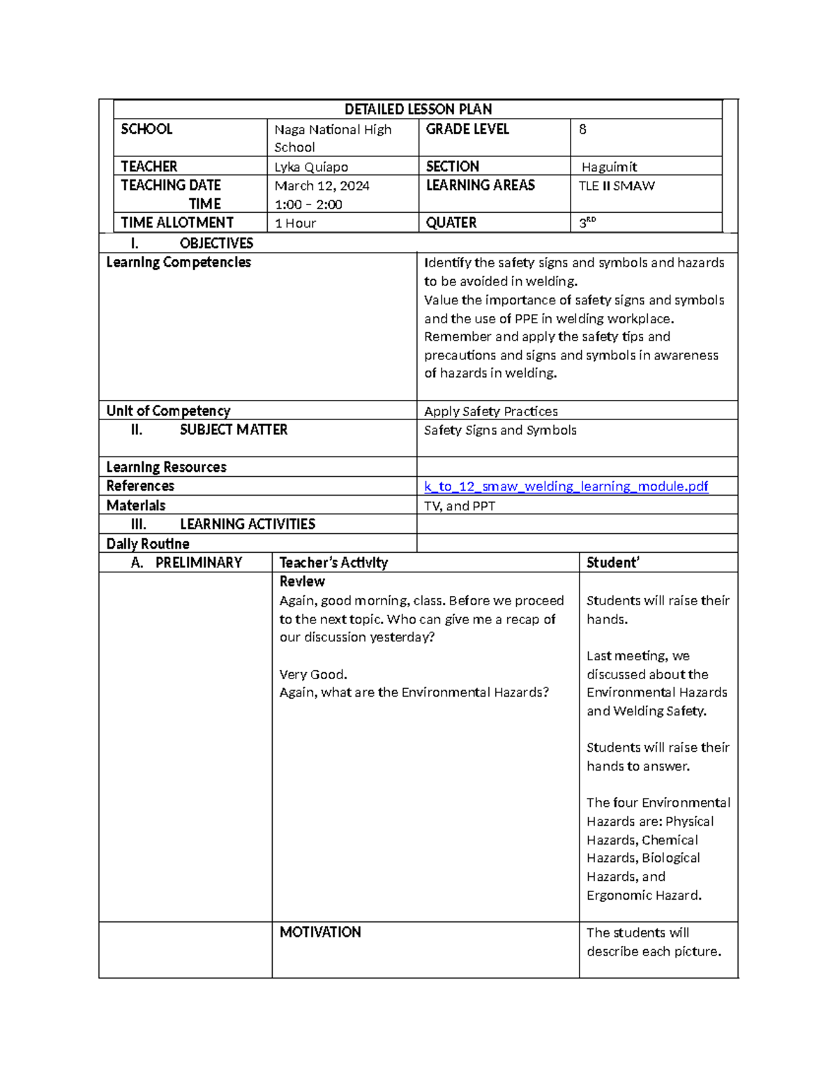 Detailed Lesson Plan on Safety Signs & Symbols for TLE II (Grade 8 ...