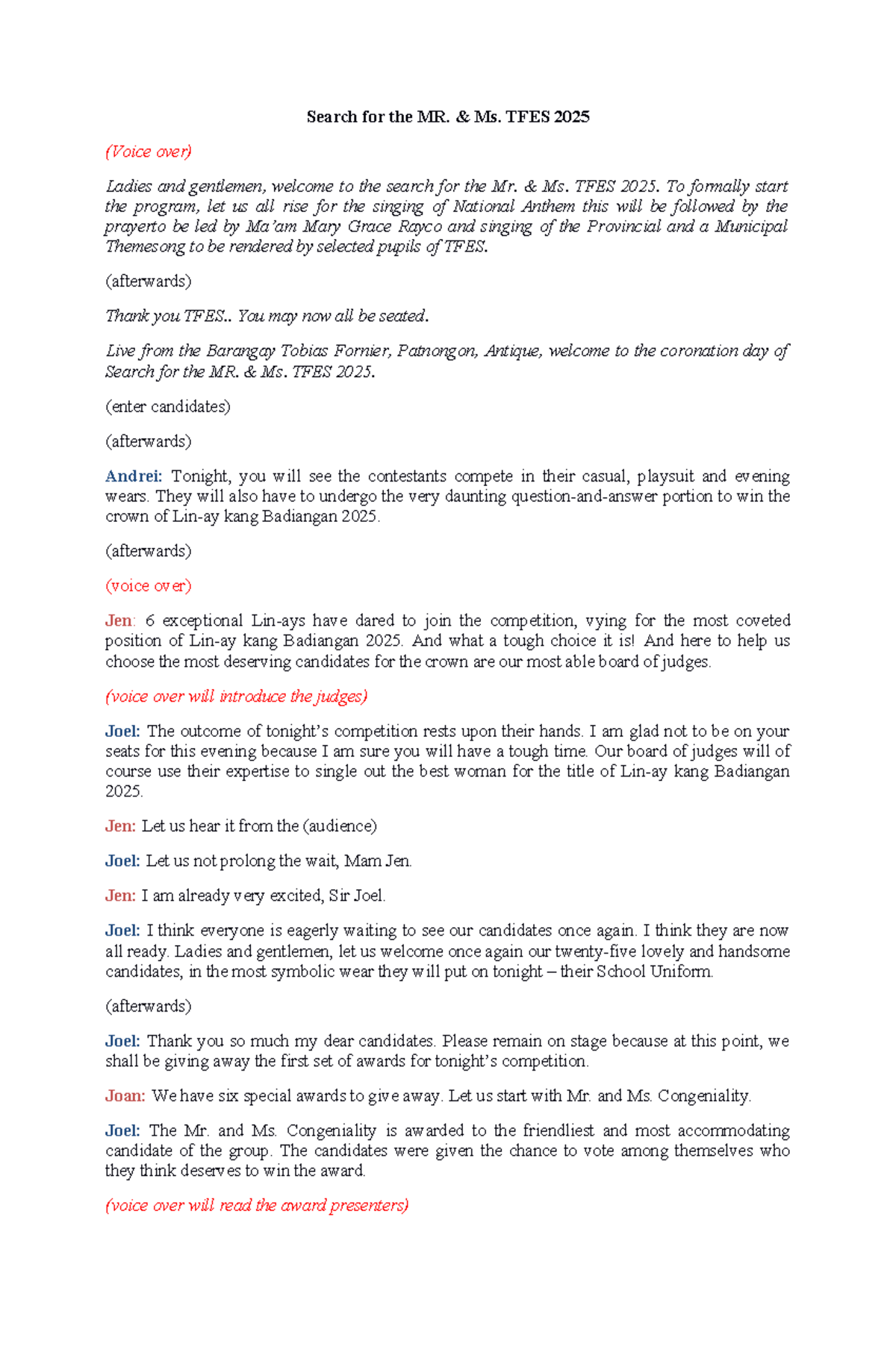 311481420 Emcee Script for Pageant - Search for the MR. & Ms. TFES 2025 ...