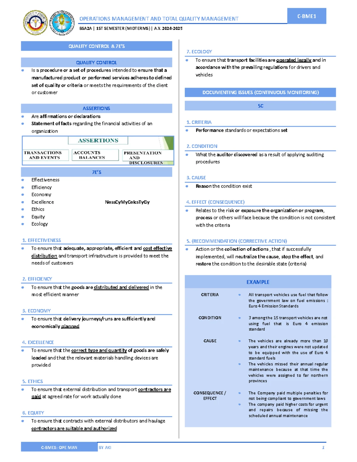 Operations Management & Total Quality Management BSA2A Midterm Exam ...