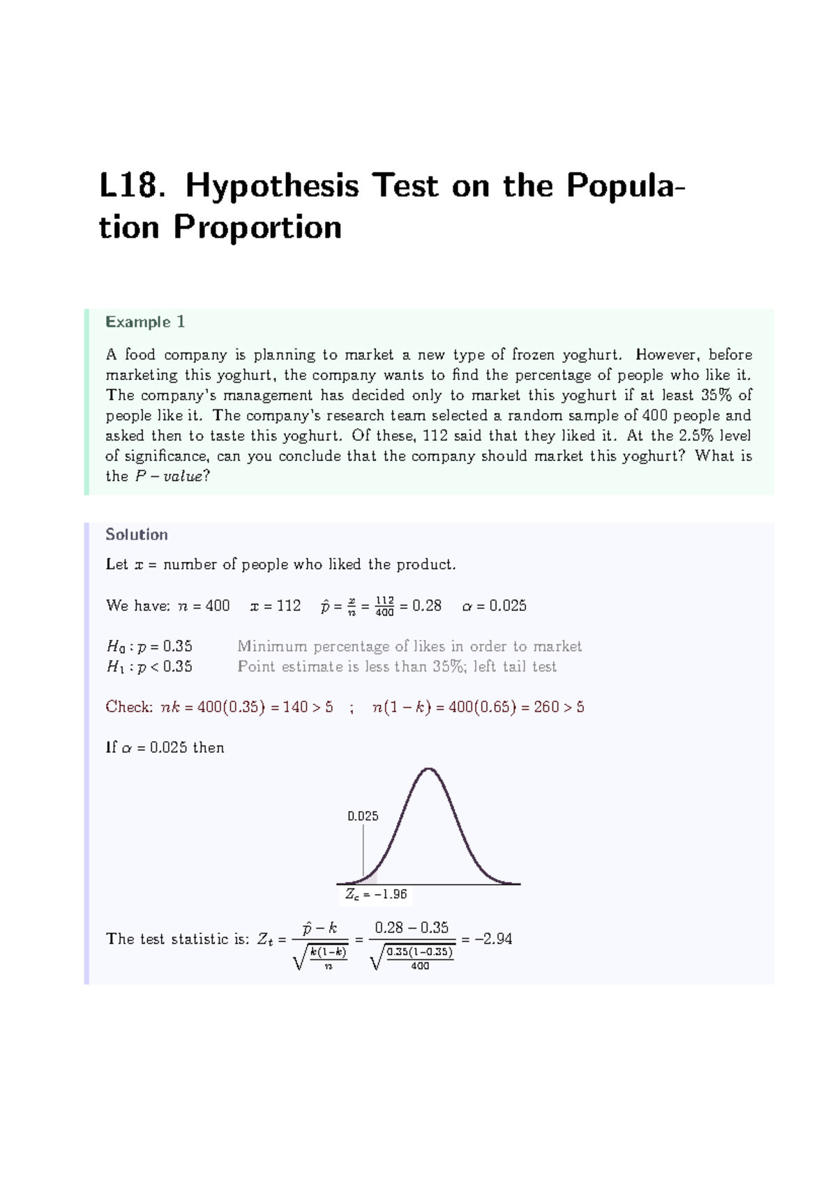 L18. Hypothesis Testing on Population Proportions: Solutions to ...