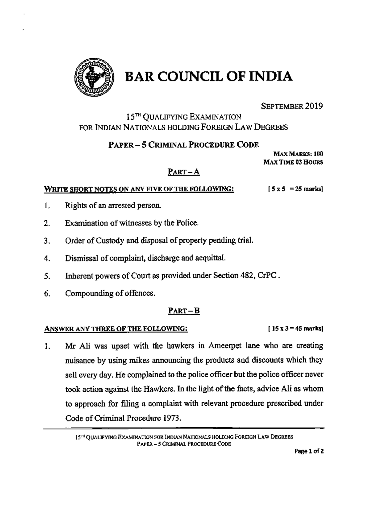 BAR COUNCIL OF INDIA SEPT 2019 15ᵀᴴ QUALIFYING EXAM PAPER 5 CRIMINAL ...