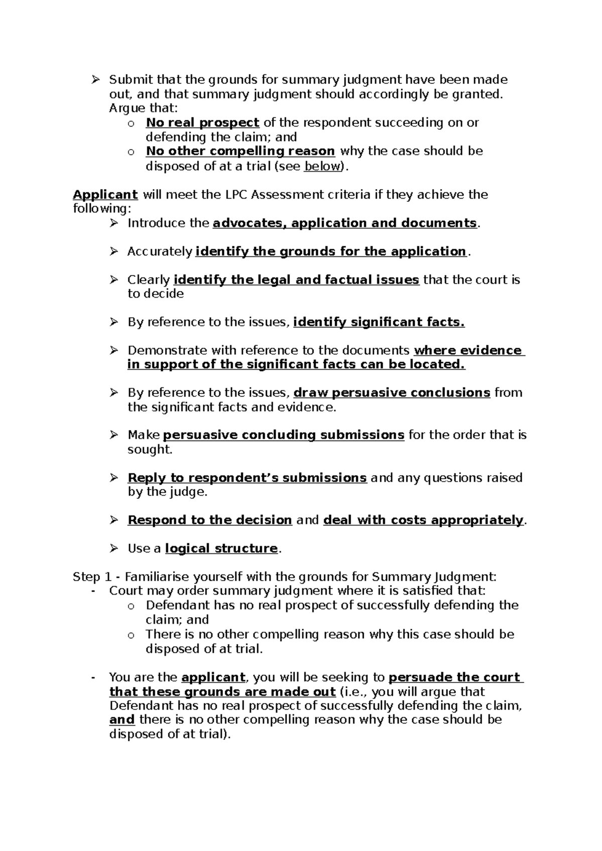 Advocacy Assessment Notes for LPC: Summary Judgment Application - Studocu
