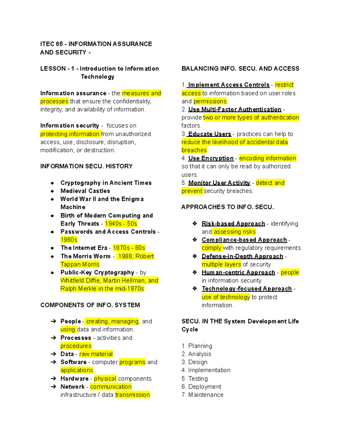 ITEC 85 - Lesson 1: Introduction to Information Assurance & Security - Studocu