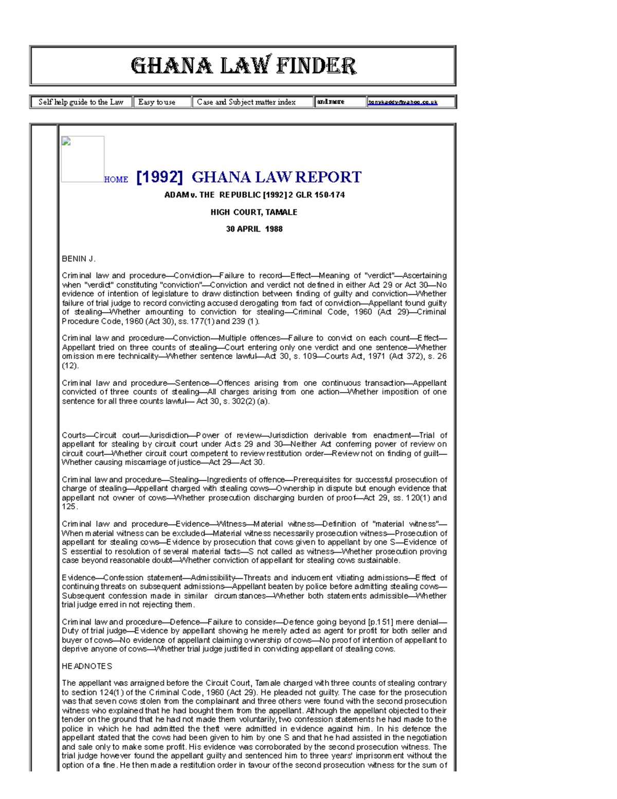 GHANA LAW REPORT: ADAM v. THE REPUBLIC - Case Study Notes - Studocu
