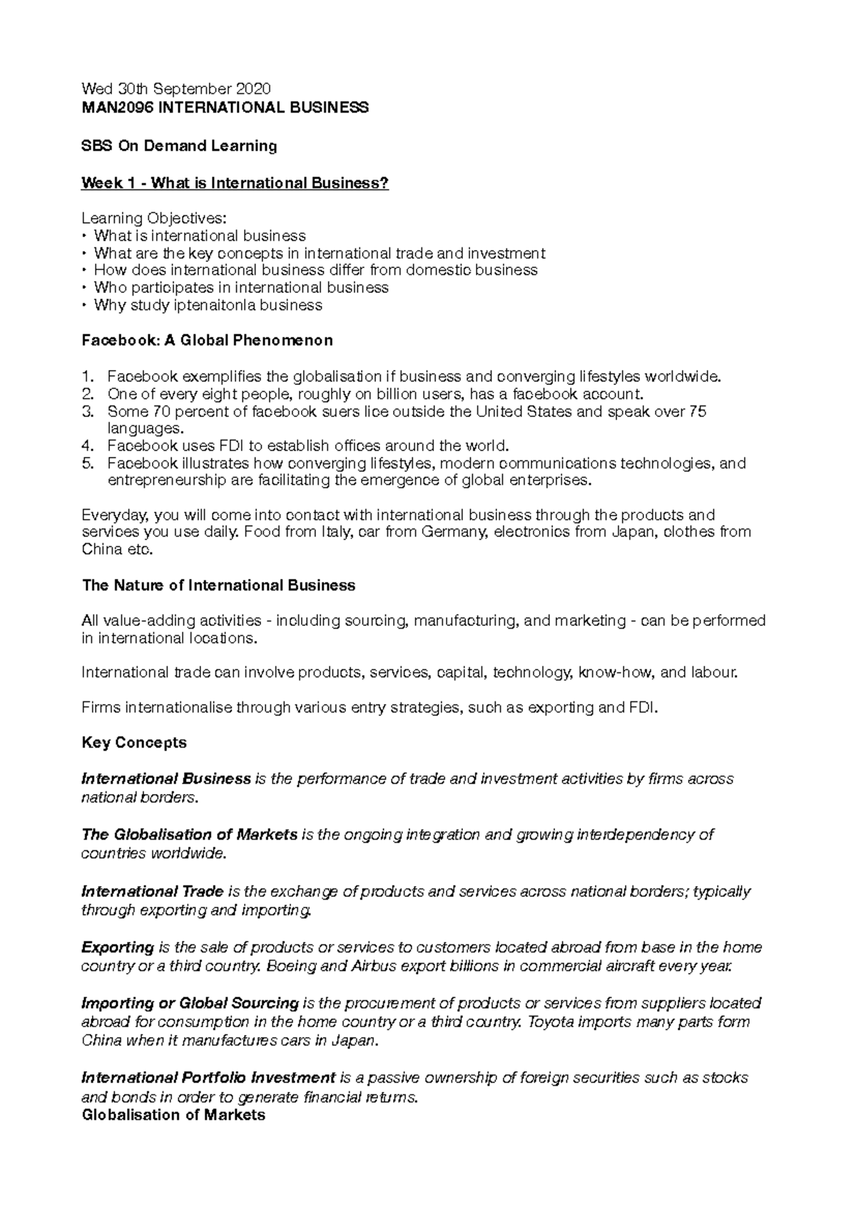 MAN2096 International Business - Lecture 1 - Wed 30th September 2020 ...