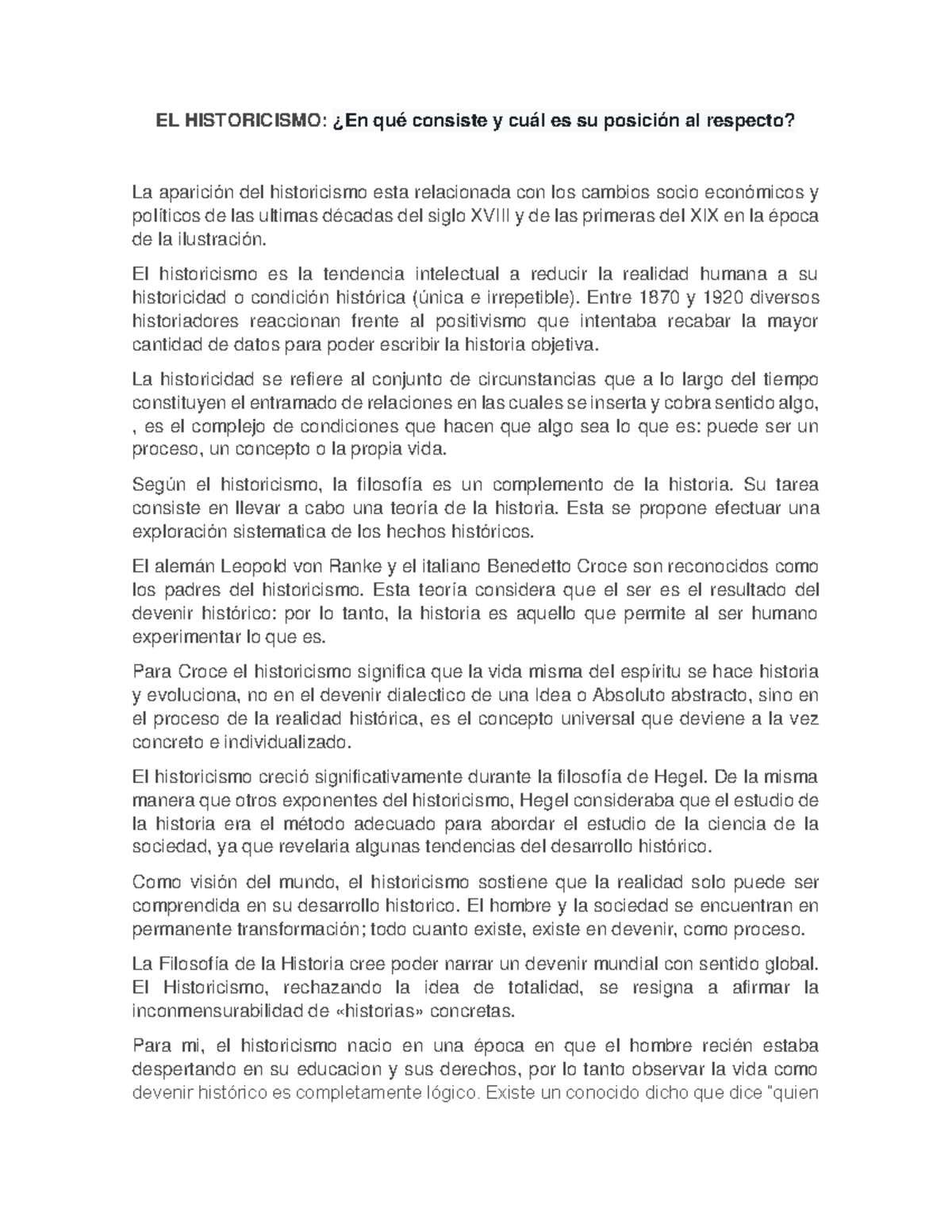 EL HISTORICISMO: Análisis de su Evolución y Relevancia Histórica - Studocu