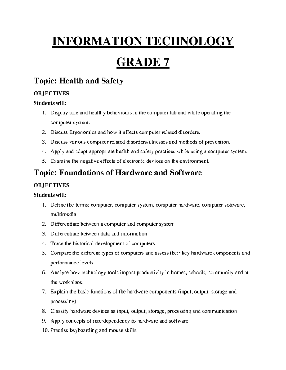 Grade 7 IT Curriculum Guide: Health, Safety & Ethics in Computing - Studocu