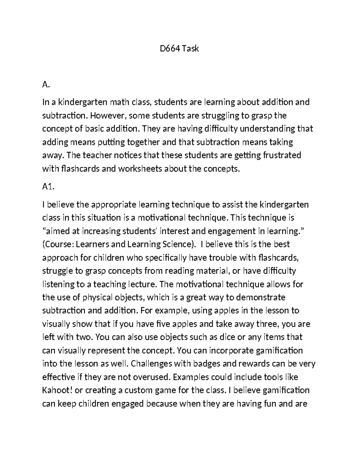 D664 Task A: Enhancing Kindergarten Math with Motivational Techniques ...