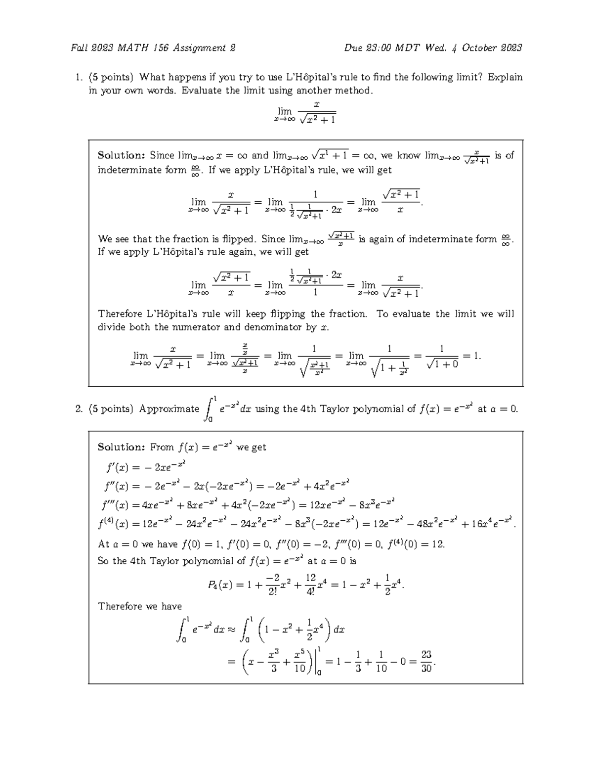 Math156 Hw2solutions Fall 2023 Math 156 Assignment 2 Due 23 00 Mdt