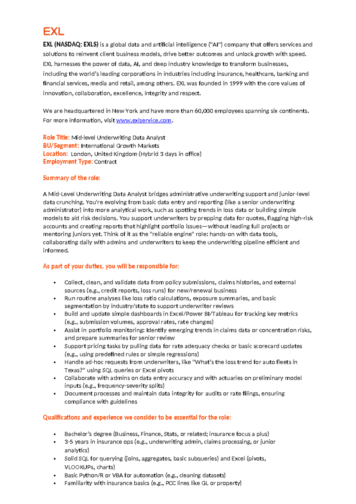 Underwriting Data Analyst Role Overview - EXL (Contract, London) - Studocu