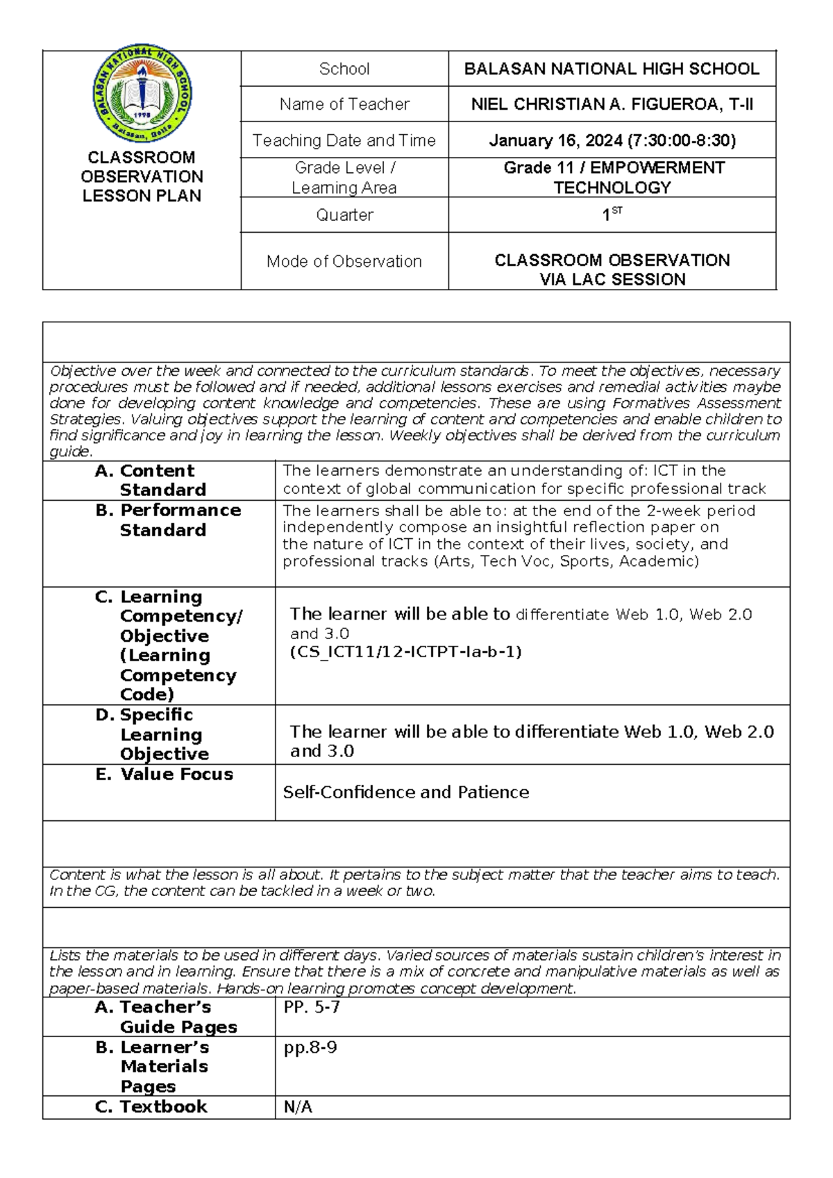 Etech 1st - Classroom Observation Lesson Plan for Grade 11 - Studocu