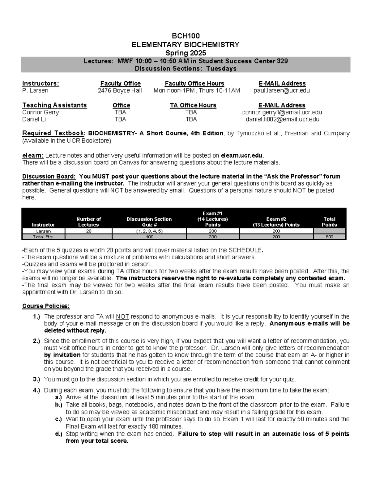 BCH100 Spring 2025 Elementary Biochemistry Syllabus and Schedule - Studocu