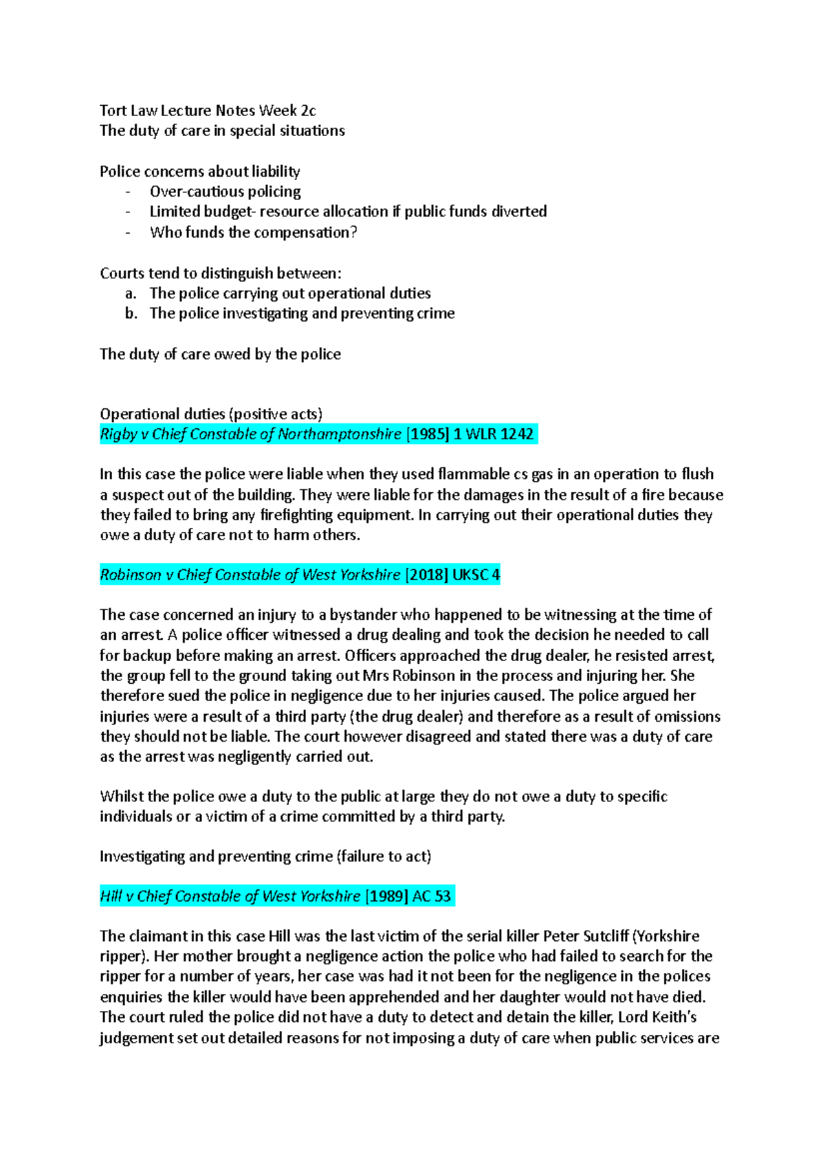 Tort Law Lecture Notes Week 2c - The police carrying out operational ...