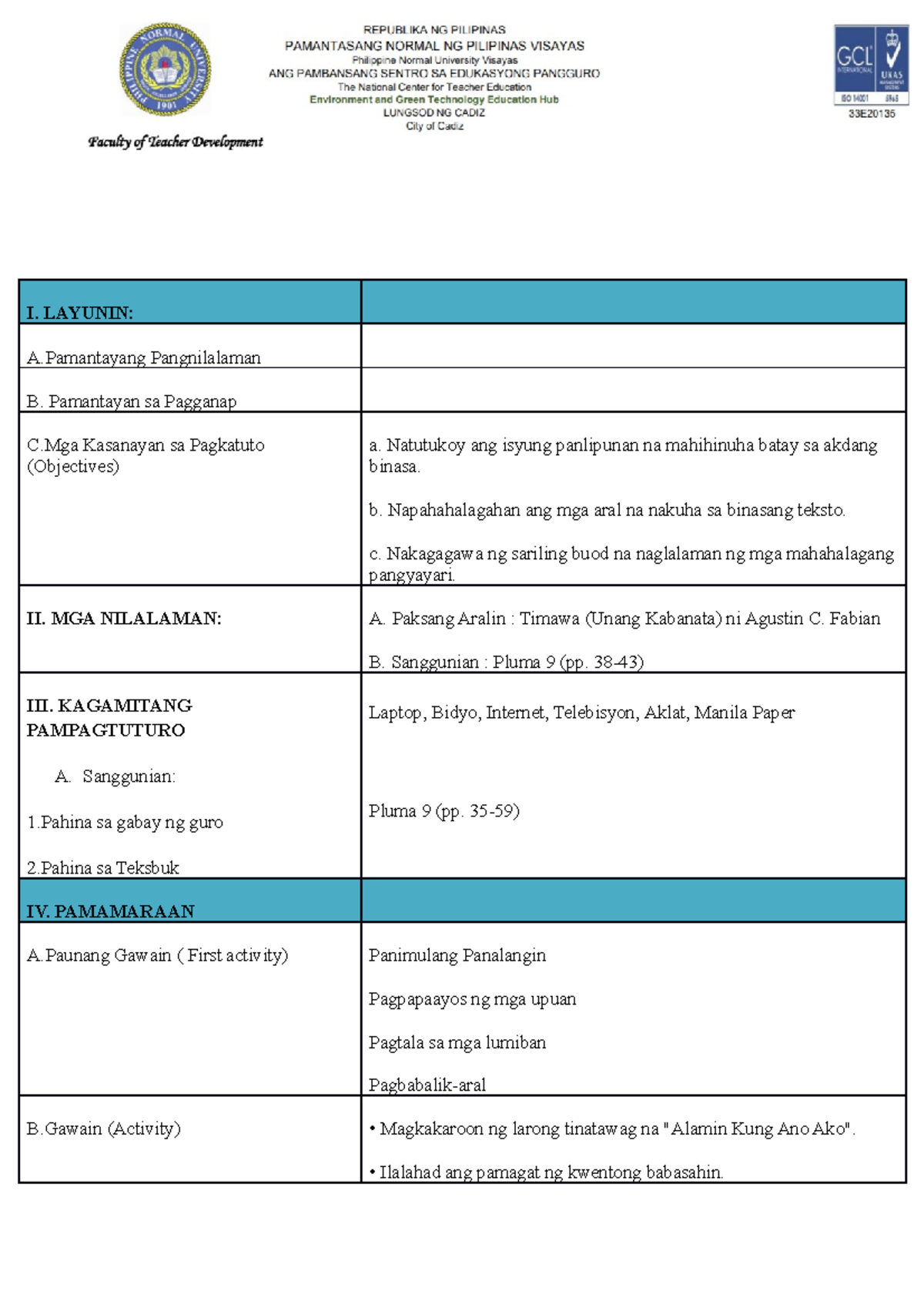 Lesson PLAN for Timawa (Unang Kabanata) - Pamantayan at Kasanayan - Studocu
