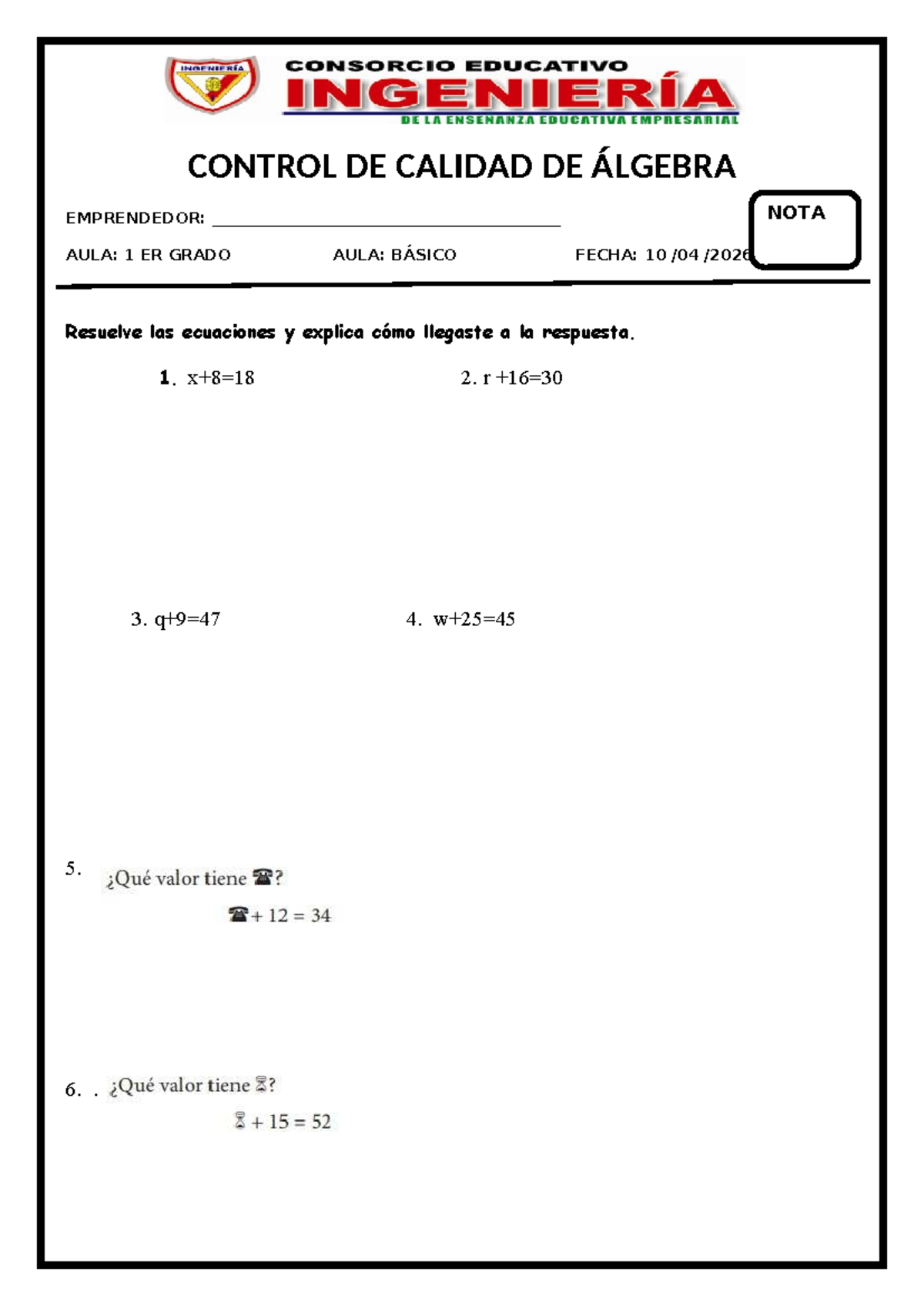 Control Álgebra IB - examen de 2do grado - Institución educativa Juan ...