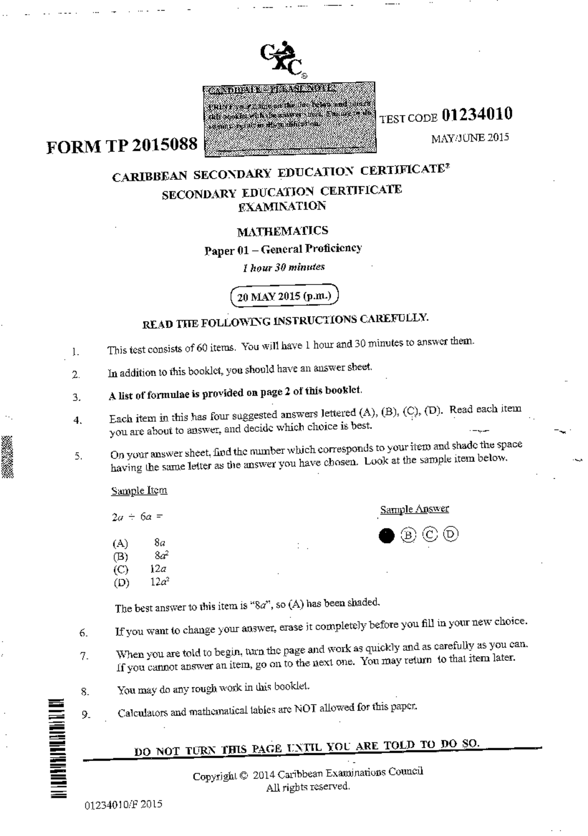 CSEC Mathematics Paper 01 General Proficiency 2015 Exam Guide - Studocu