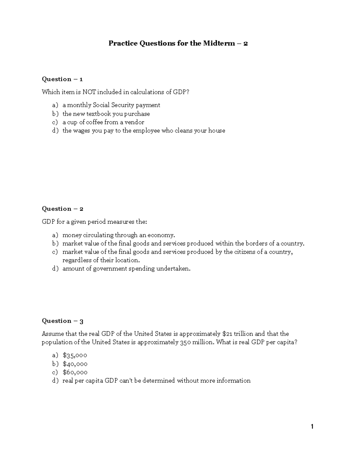 Midterm Practice Questions for ECON 101: GDP and Economic Growth - Studocu