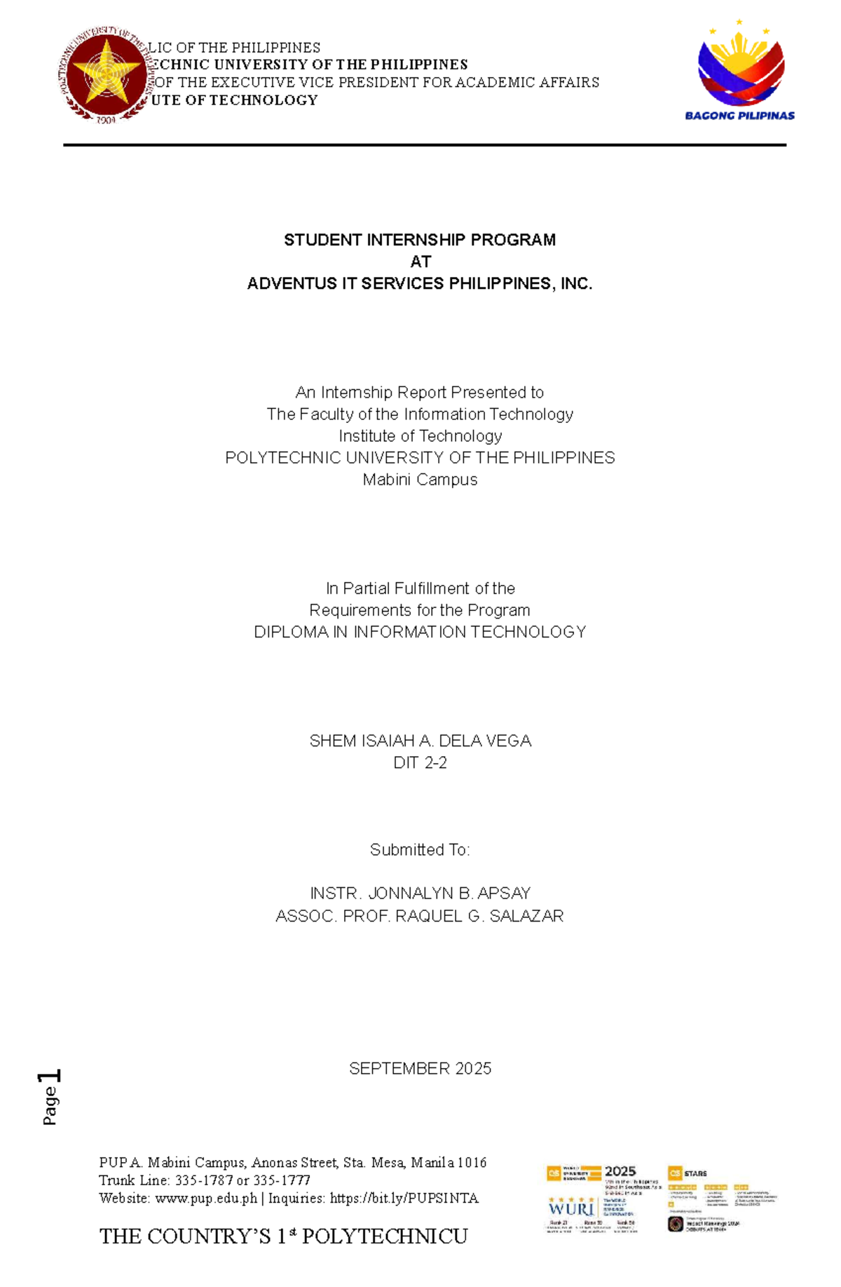 DIT Internship Report: Experience at Adventus IT Services - Studocu