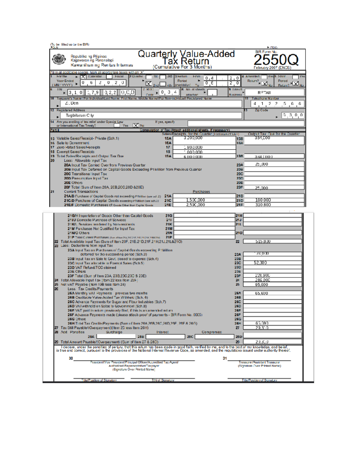 2550Q - Sample BIR Form for Quarterly VAT Filing of Registered Entities - Studocu